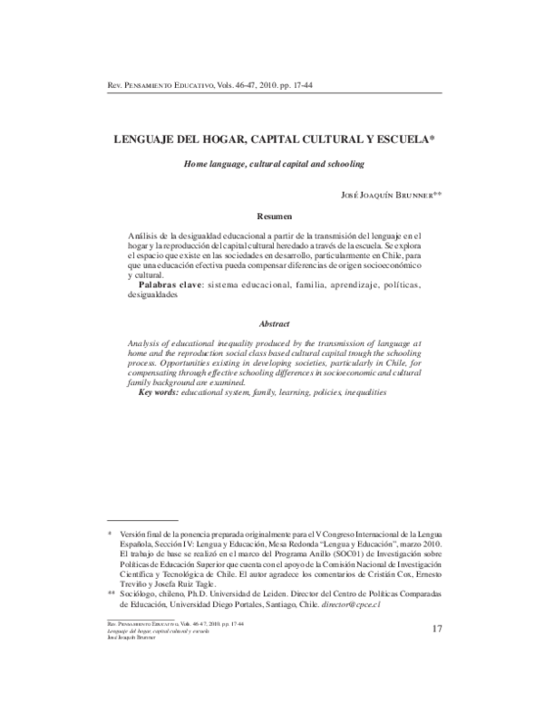 (PDF) Lenguaje del hogar, capital cultural y escuela