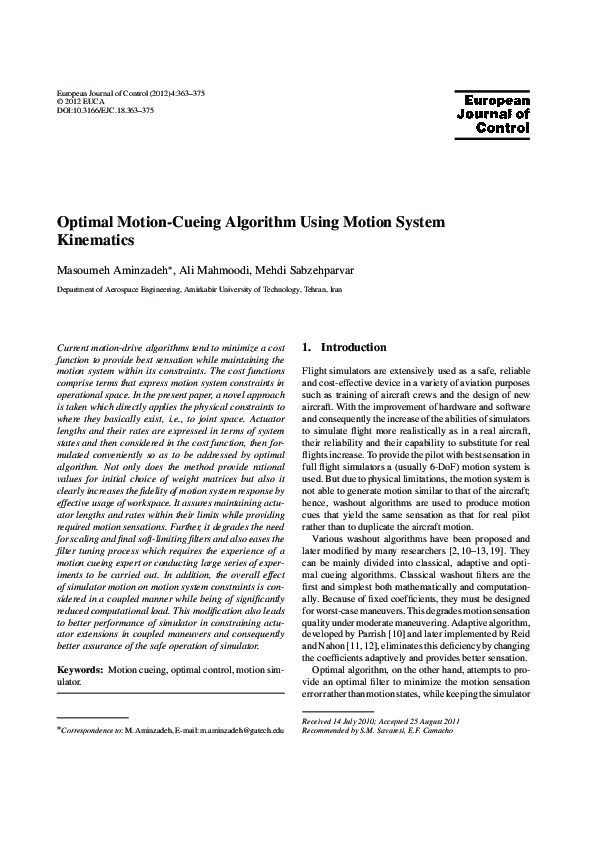(PDF) Optimal Motion-Cueing Algorithm Using Motion System Kinematics