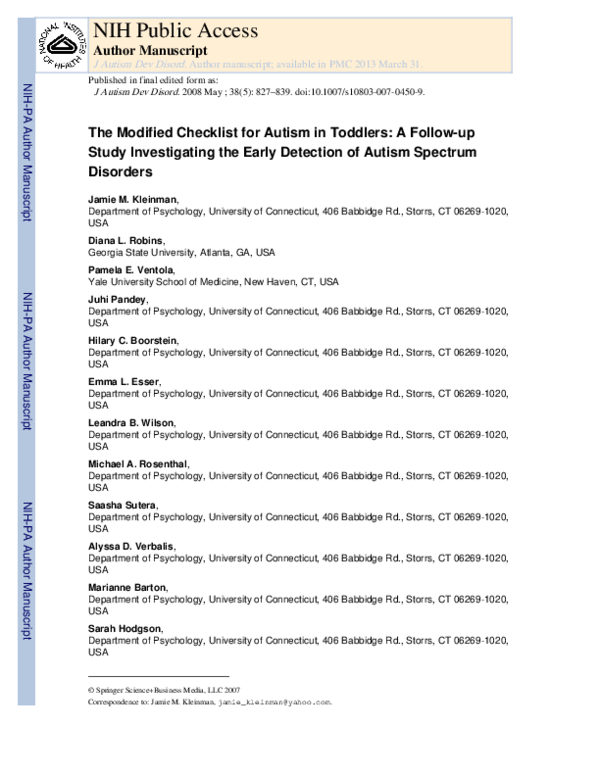 (PDF) The Modified Checklist for Autism in Toddlers: A Follow-up Study ...