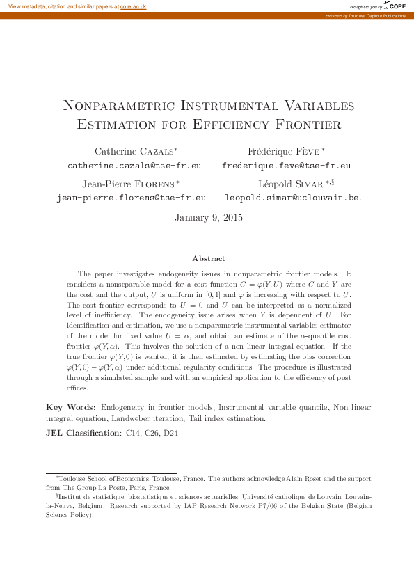 (PDF) Non Parametric Instrumental Variables Estimation for Efficiency Frontier