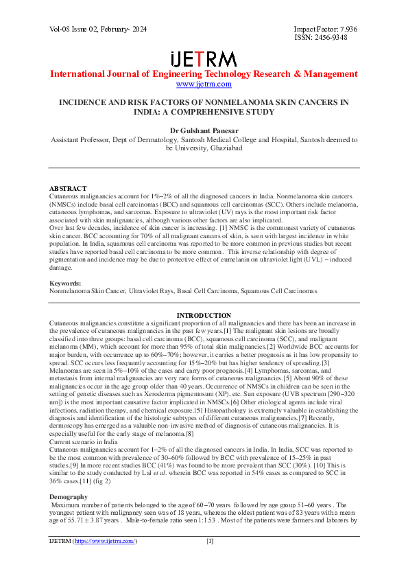 (PDF) INCIDENCE AND RISK FACTORS OF NONMELANOMA SKIN CANCERS IN INDIA ...