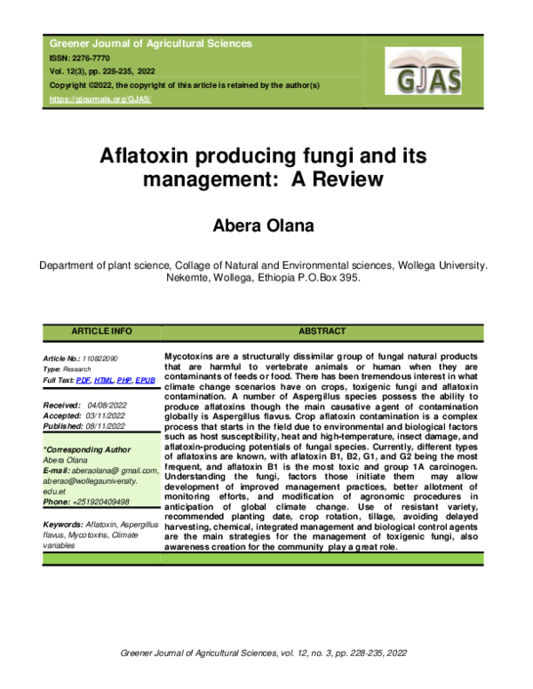 (PDF) Aflatoxin producing fungi and its management: A Review