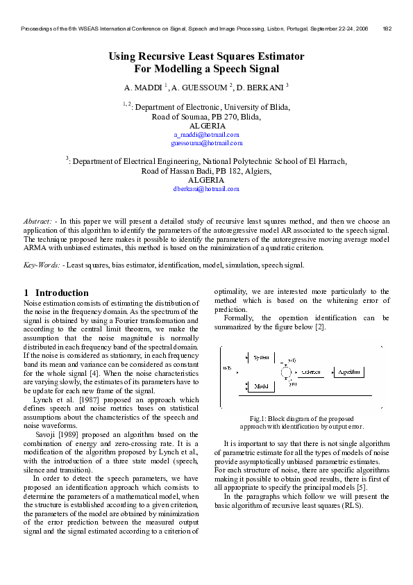 (PDF) Using recursive least squares estimator for modelling a speech signal