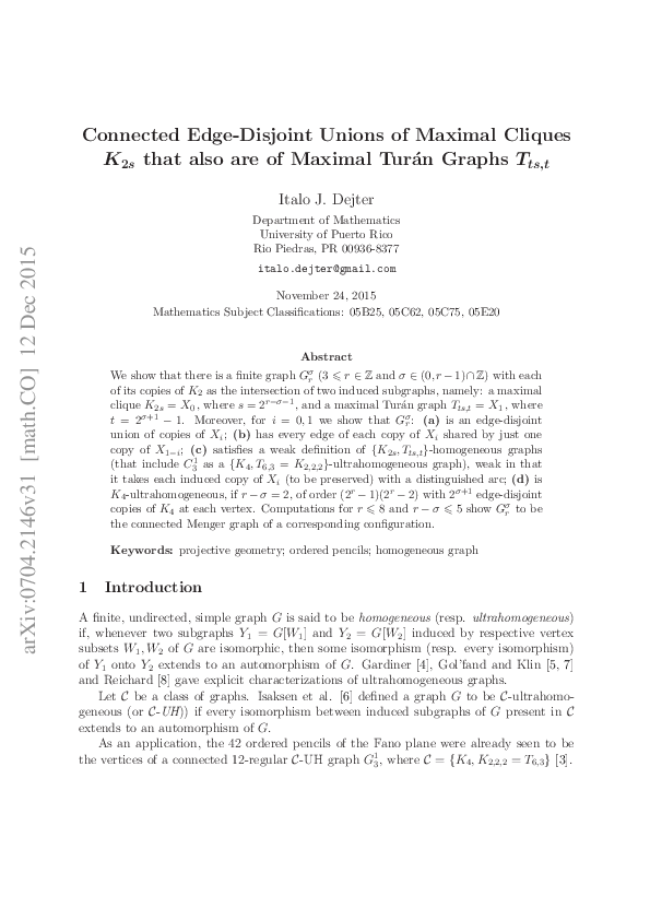 (PDF) Connected Edge-Disjoint Unions of Maximal Cliques $K_{2s}$ that ...