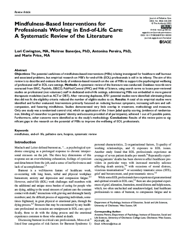 (PDF) Mindfulness-Based Interventions for Professionals Working in End-of-Life Care: A ...