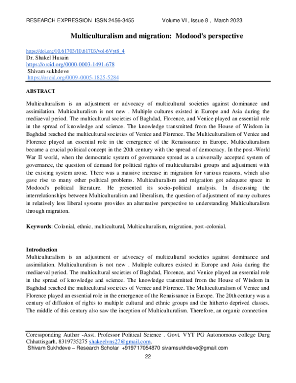(PDF) Multiculturalism and migration: Modood's perspective