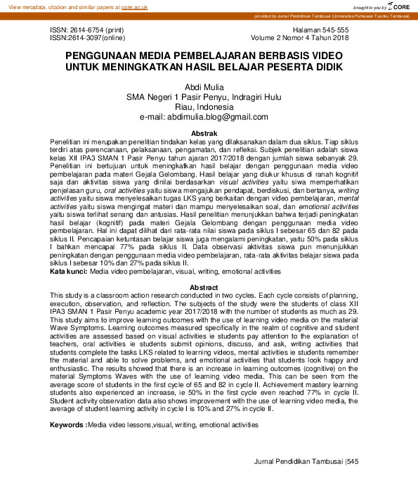(PDF) Penggunaan Media Pembelajaran Berbasis Video Untuk Meningkatkan Hasil Belajar Peserta Didik