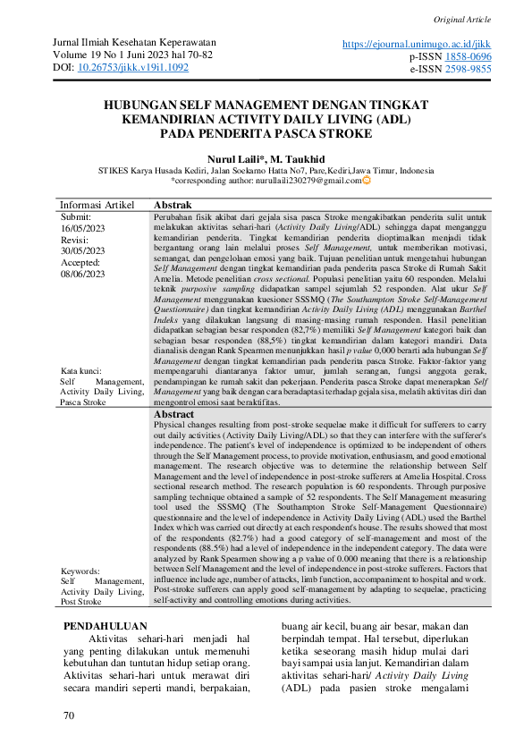 (PDF) Hubungan Self Management Dengan Tingkat Kemandirian Activity Daily Living (Adl) Pada ...
