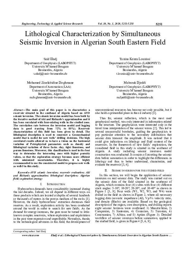 (PDF) Lithological Characterization by Simultaneous Seismic Inversion in Algerian South Eastern ...