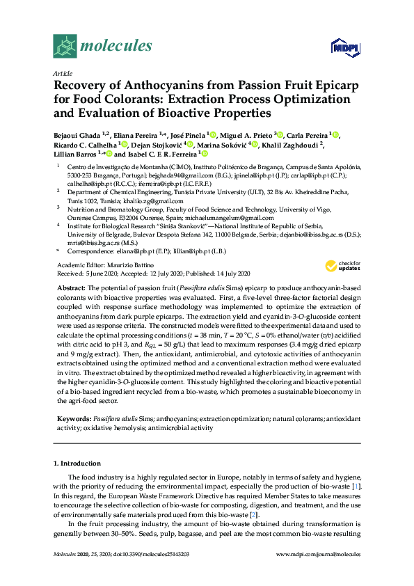 (PDF) Recovery of Anthocyanins from Passion Fruit Epicarp for Food Colorants: Extraction Process ...