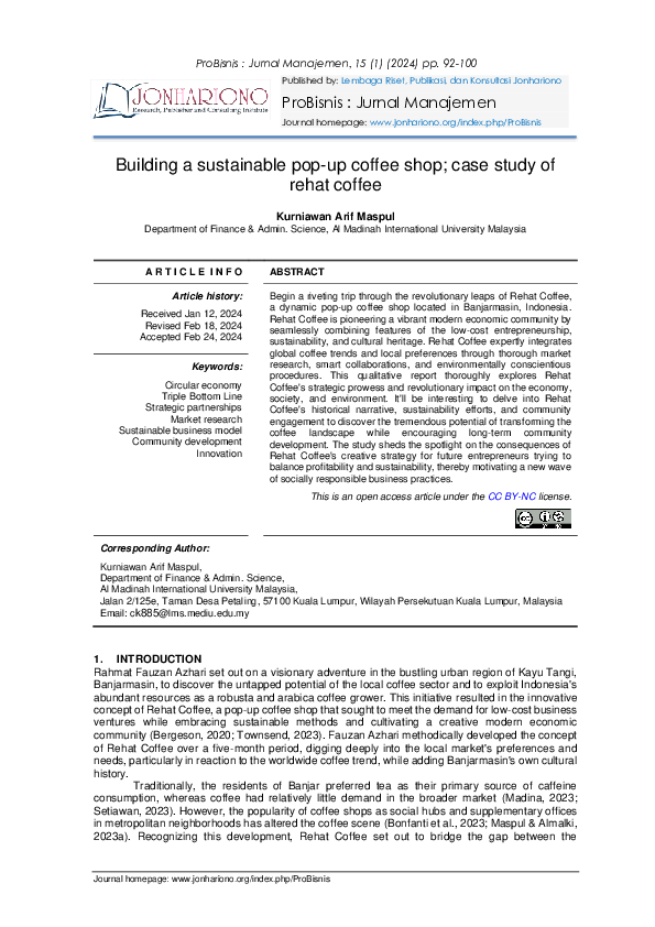 (PDF) Building a Sustainable Pop-up Coffee Shop; Case Study of Rehat Coffee