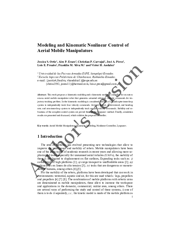 (PDF) Modeling and Kinematic Nonlinear Control of Aerial Mobile Manipulators