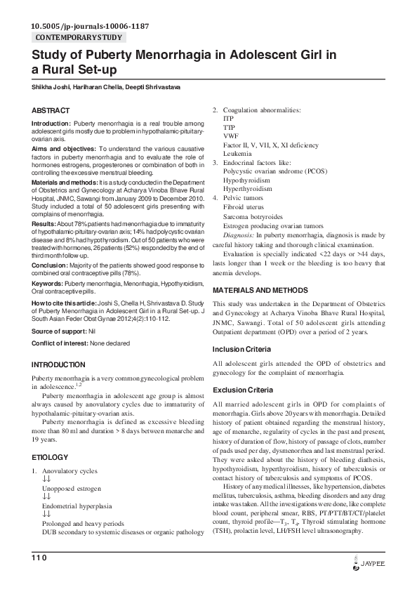 (PDF) Study of Puberty Menorrhagia in Adolescent Girl in a Rural Set-up | Randhir Puri ...