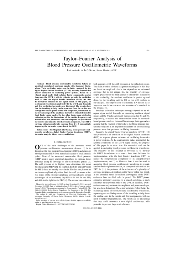 (PDF) Taylor–Fourier Analysis of Blood Pressure Oscillometric Waveforms