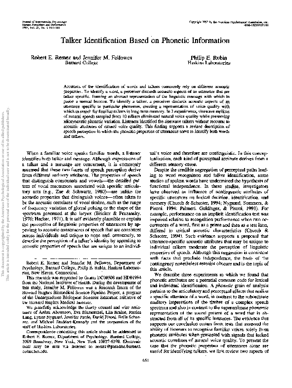 (PDF) Talker identification based on phonetic information