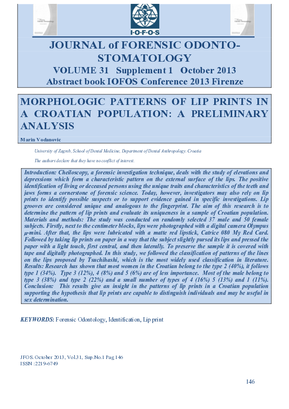 (PDF) Cheiloscopy: Lip Print Patterns in a Croatian Population