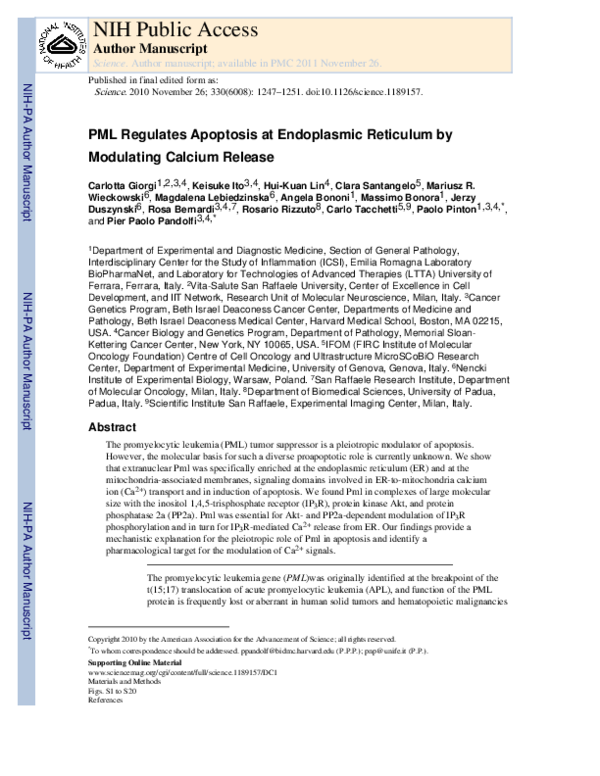 (PDF) PML Regulates Apoptosis at Endoplasmic Reticulum by Modulating ...