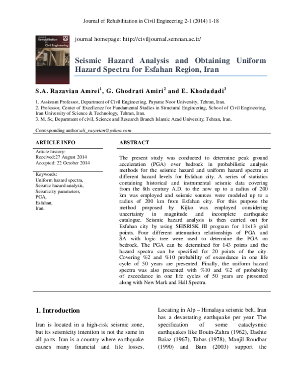 (PDF) Seismic Hazard Analysis and Obtaining Uniform Hazard Spectra for ...