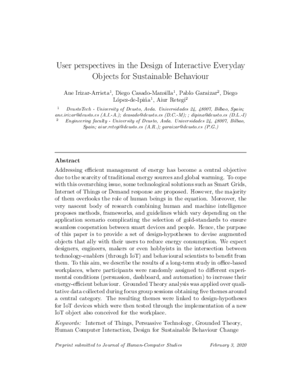 (PDF) User perspectives in the design of interactive everyday objects for sustainable behaviour