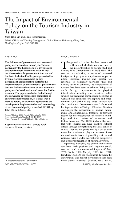 (PDF) The Impact of Environmental Policy on the Tourism Industry in Taiwan