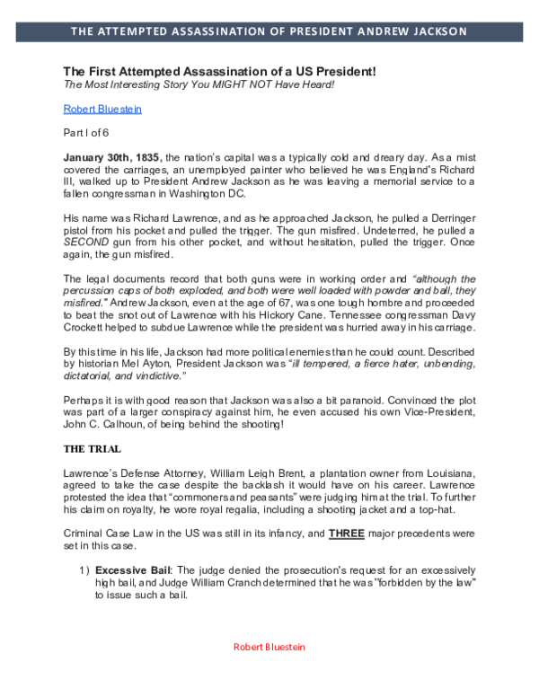 (PDF) THE ATTEMPTED ASSASSINATION OF PRESIDENT ANDREW JACKSON The First ...
