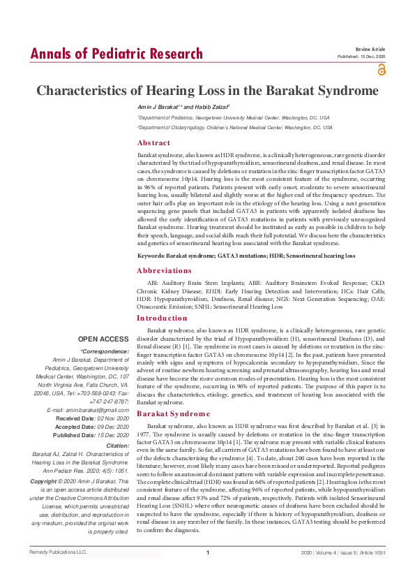 (PDF) Characteristics of Hearing Loss in the Barakat Syndrome