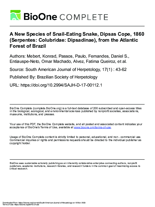 (PDF) A New Species of Snail-Eating Snake, Dipsas Cope, 1860 (Serpentes ...