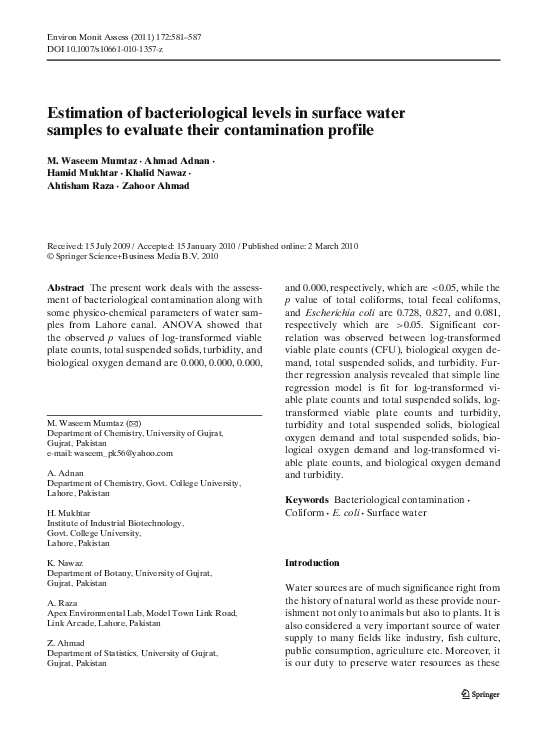 (PDF) Estimation of bacteriological levels in surface water samples to evaluate their ...