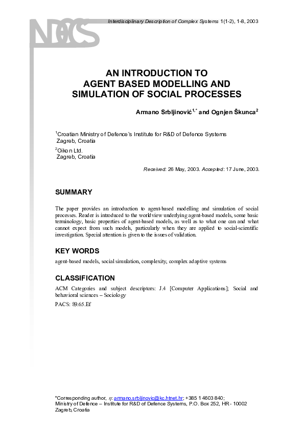 (PDF) Agent Based Modelling and Simulation of Social Processes