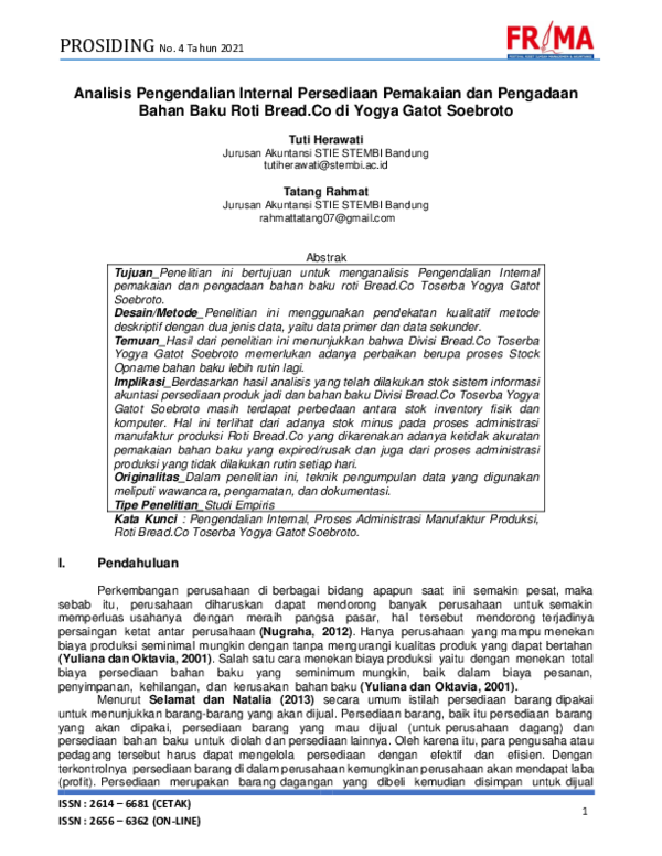 (PDF) Analisis Pengendalian Internal Persediaan Pemakaian dan Pengadaan Bahan Baku Roti Bread.Co ...