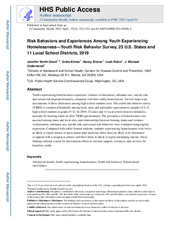 (PDF) Risk Behaviors and Experiences Among Youth Experiencing ...