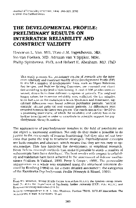 (PDF) The Developmental Profile: Preliminary Results on Interrater Reliability and Construct ...