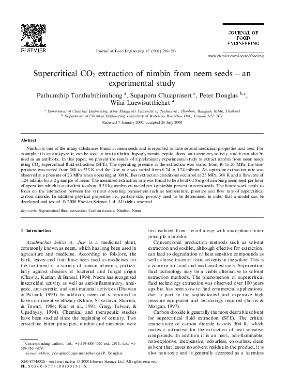 (PDF) Supercritical CO2 extraction of nimbin from neem seeds – an ...
