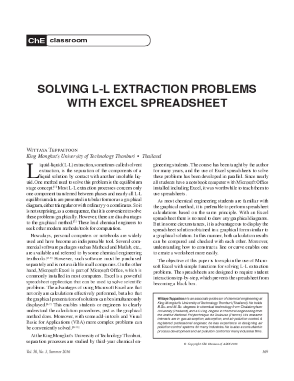 (PDF) Solving L-L Extraction Problems with Excel Spreadsheet