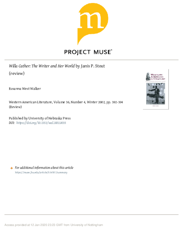 (PDF) Willa Cather: The Writer and Her World by Janis P. Stout