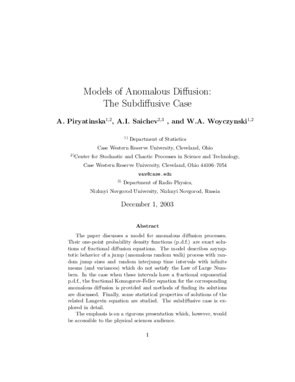 (PDF) Models of anomalous diffusion: the subdiffusive case