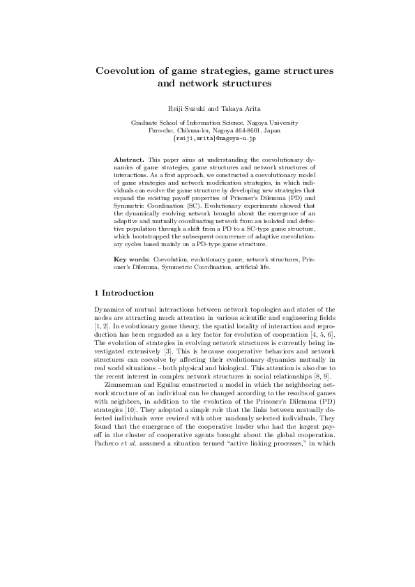 (PDF) Coevolution of Game Strategies, Game Structures and Network Structures | Takaya Arita ...
