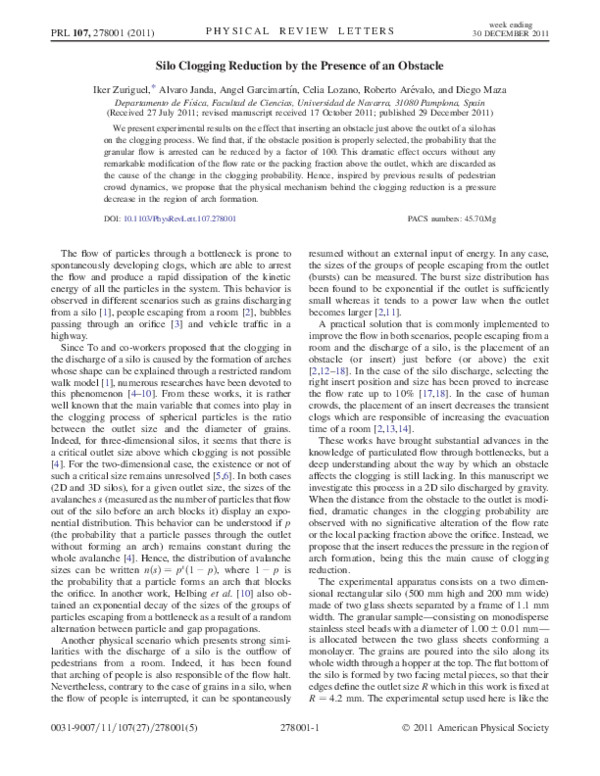 (PDF) Silo Clogging Reduction by the Presence of an Obstacle