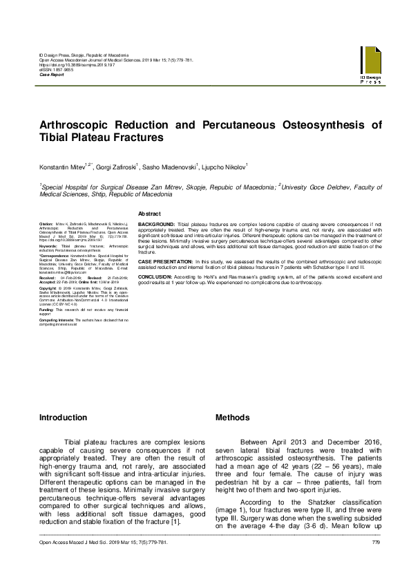 Pdf Arthroscopic Reduction And Percutaneous Osteosynthesis Of Tibial