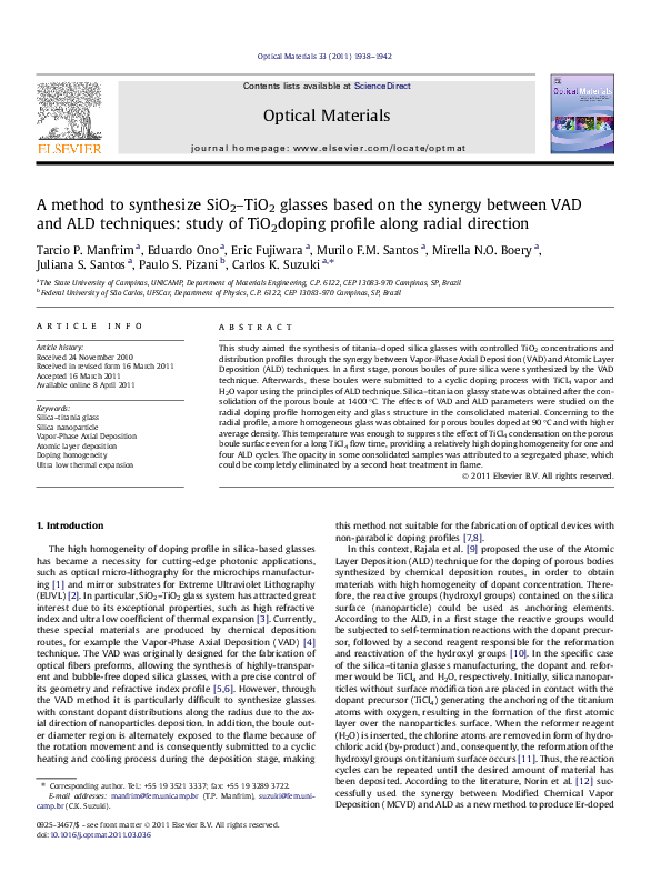 Pdf A Method To Synthesize Sio2 Tio2 Glasses Based On The Synergy Between Vad And Ald