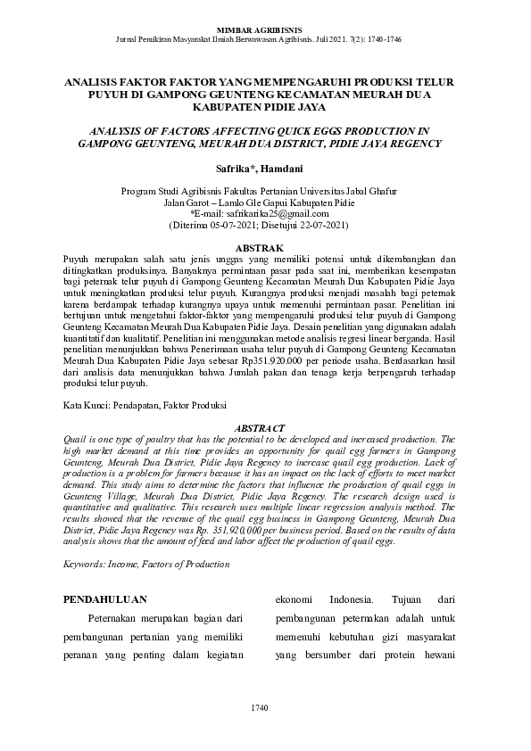 (PDF) Analisis Faktor Faktor Yang Mempengaruhi Produksi Telur Puyuh DI Gampong Geunteng ...