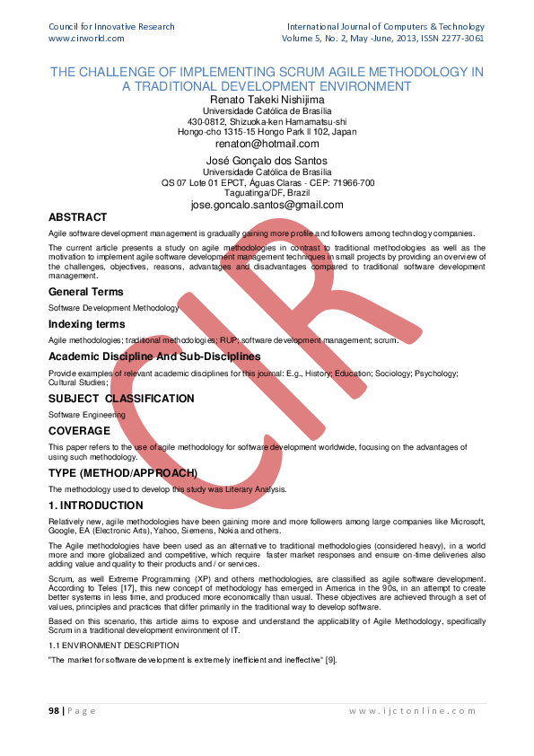 (PDF) The Challenge of Implementing Scrum Agile Methodology in a Traditional Development Environment
