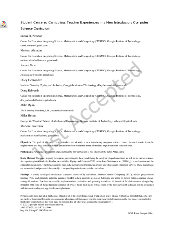 (PDF) Student-Centered Computing: Teacher Experiences in a New Introductory Computer Science ...