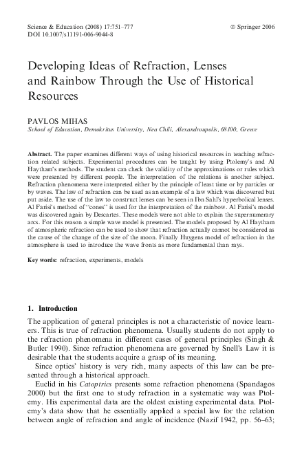 (PDF) Developing Ideas of Refraction, Lenses and Rainbow Through the Use of Historical Resources