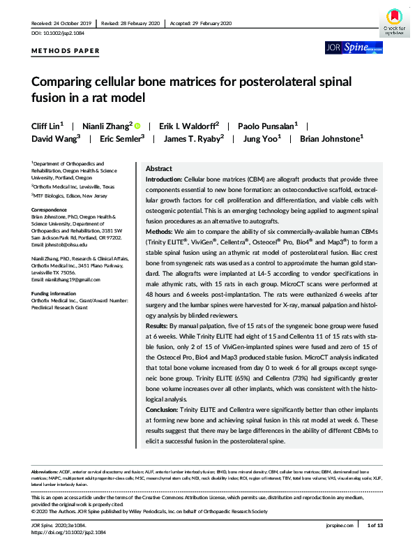 (PDF) Comparing Cellular Bone Matrices for Posterolateral Spinal Fusion