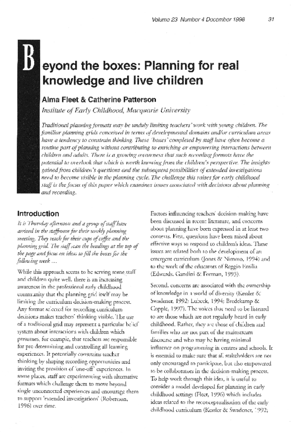 (PDF) Beyond the Boxes: Planning for Real Knowledge and Live Children