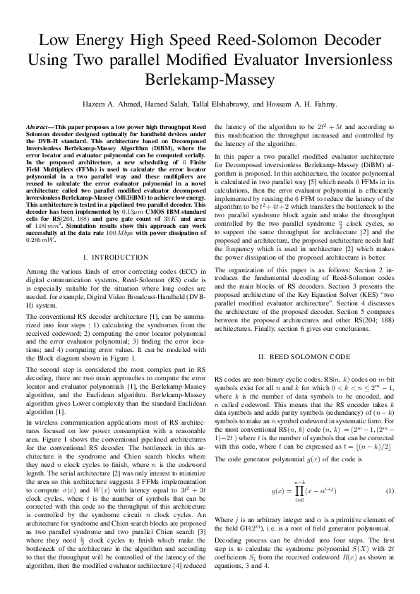 (PDF) Low energy high speed reed-solomon decoder using two parallel ...