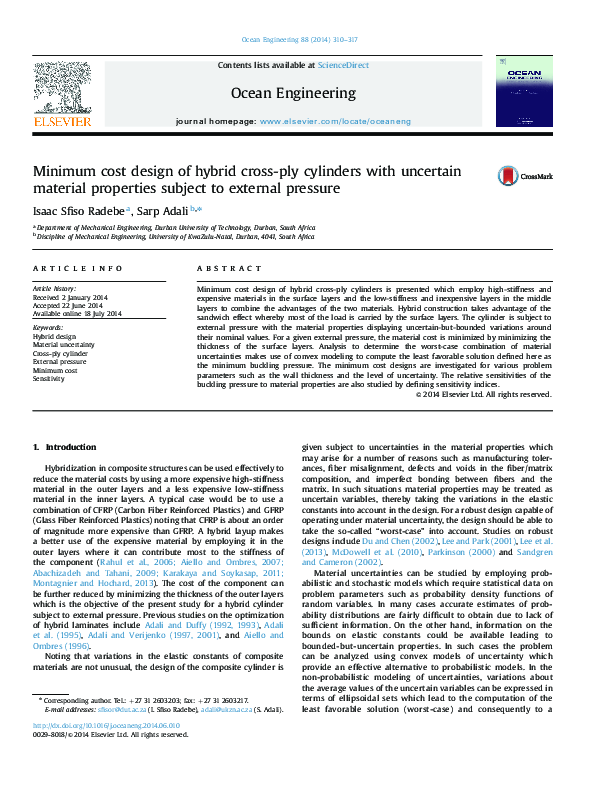 Pdf Minimum Cost Design Of Hybrid Cross Ply Cylinders With Uncertain Material Properties