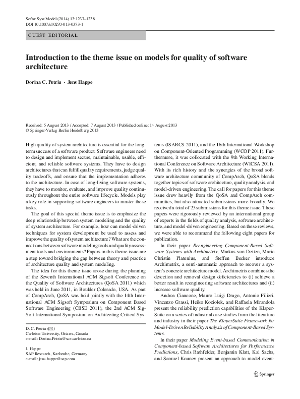 (PDF) Introduction to the theme issue on models for quality of software architecture