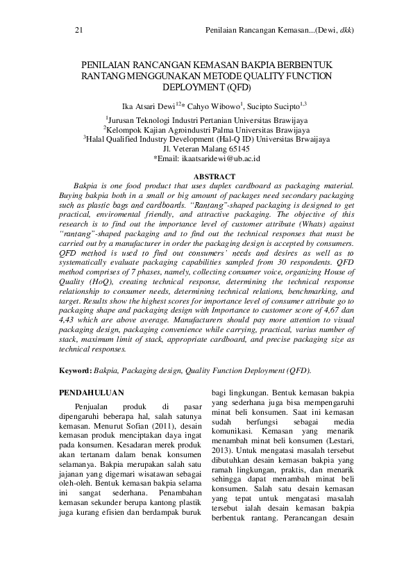 (PDF) Penilaian Rancangan Kemasan Bakpia Berbentuk Rantang Menggunakan Metode Quality Function ...